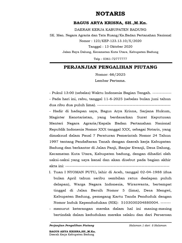 Bagus Arya Krisna - Perjanjian Pengalihan Piutang | PDF