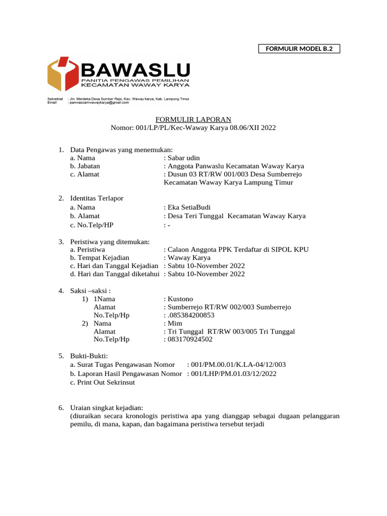 Formulir Model b.2 Laporan | PDF