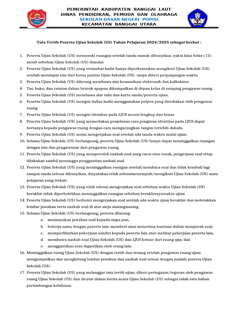 Tata Tertib Peserta Ujian Sekolah (US) Tahun 2024-2025 | PDF