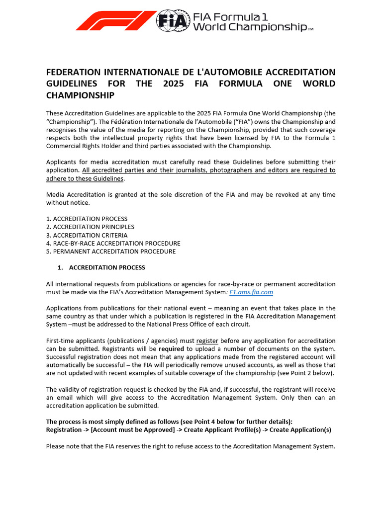2025 FIA F1 Media Accreditation Guidelines | PDF | Fédération ...