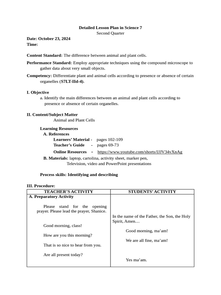 Detailed Lesson Plan in Science 7 For DEMO | PDF | Cell (Biology ...