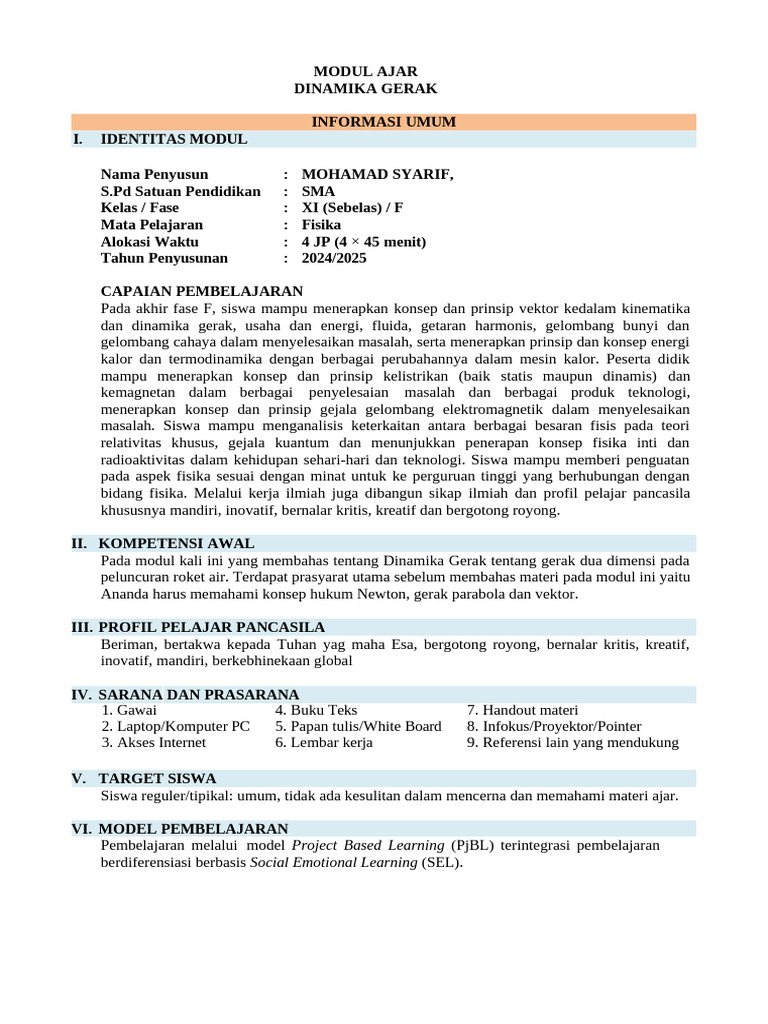 Modul Ajar - RPP Dinamika Gerak Dua Dimensi | PDF