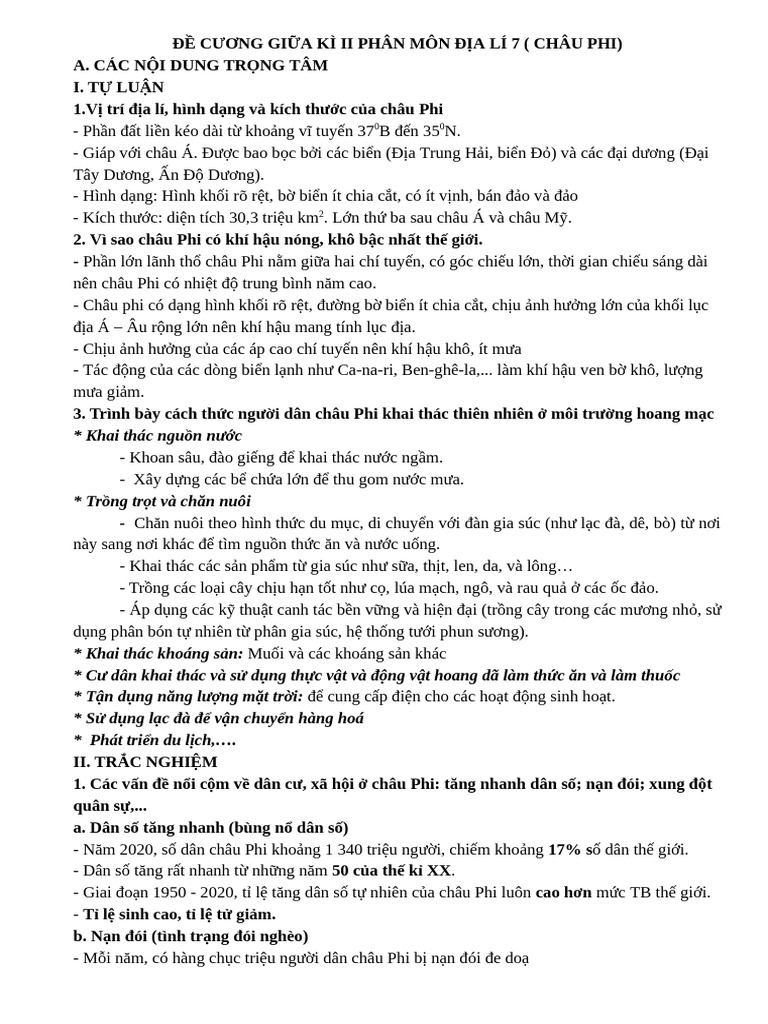 Đề Cương Ôn Gkii Địa 7. Chốt | PDF