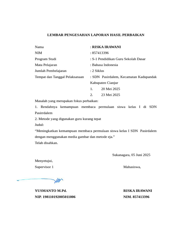 Lembar Pengesahan Laporan Hasil Perbaikan Fix | PDF