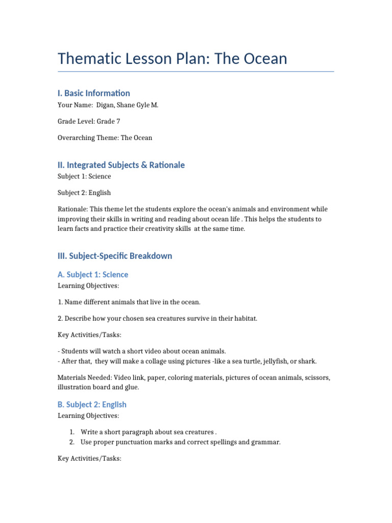 Digan, Shane - Thematic Lesson Plan | PDF
