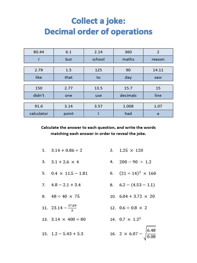 Collect A Joke Decimals BODMAS | PDF