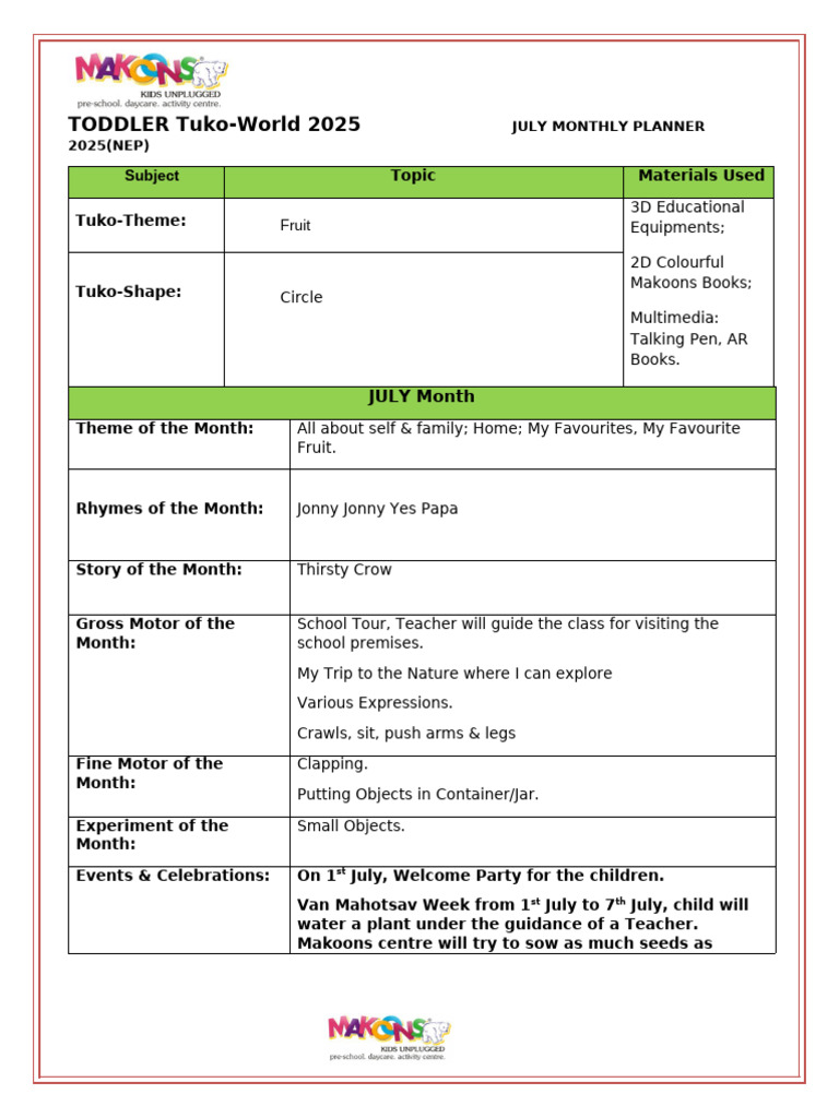 Toddler Monthly Planner July, 2025 | PDF