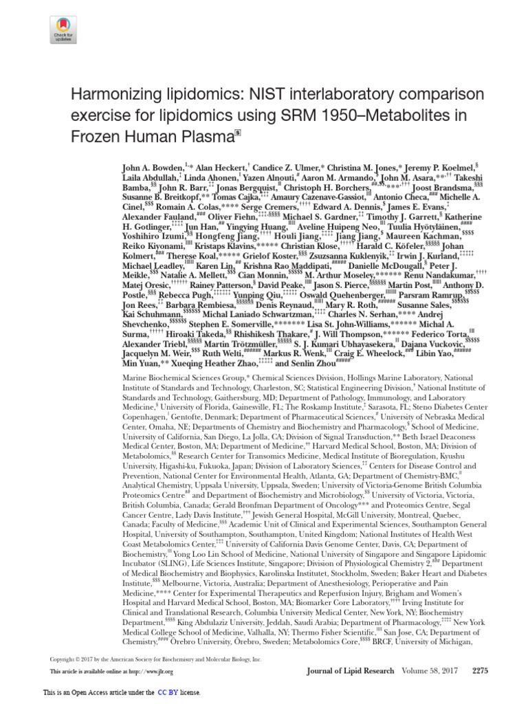 Bowden (2017) JLR 58, 2275-Harmonizing Interlaboratory Lipidomics Using Frozen Human Plasma | PDF