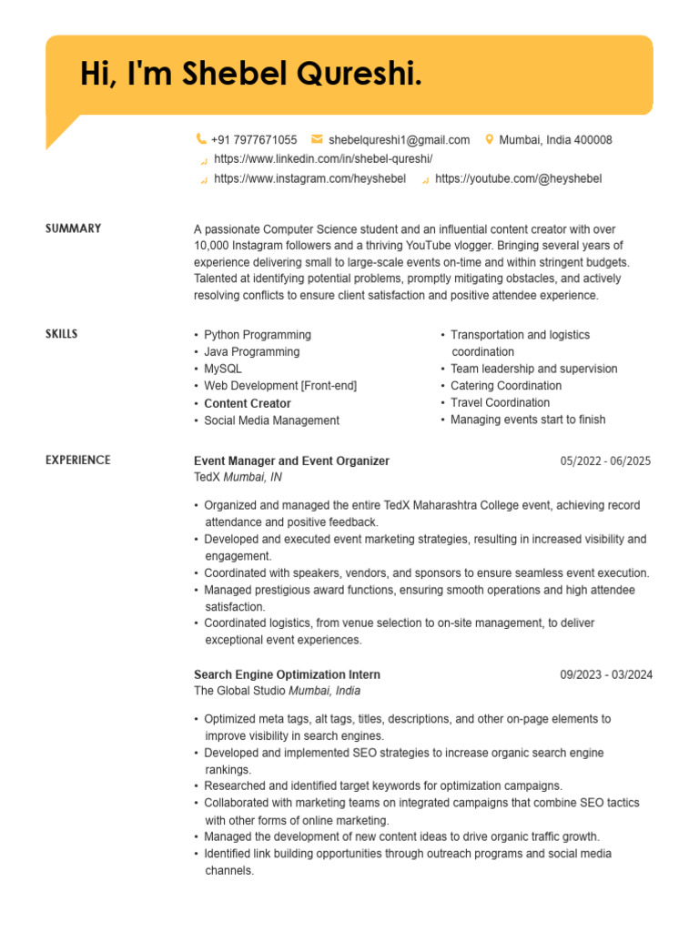 Shebel Qureshi: Event Manager & Content Creator | PDF | Search Engine ...