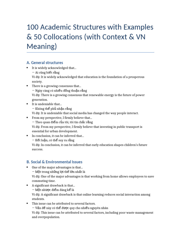 Academic Structures and Collocations Guide | PDF