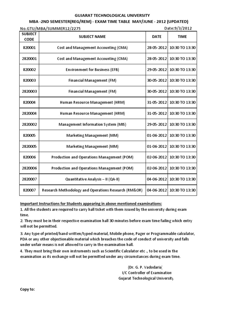 GTU MBA 2nd Semester Exam Schedule | PDF