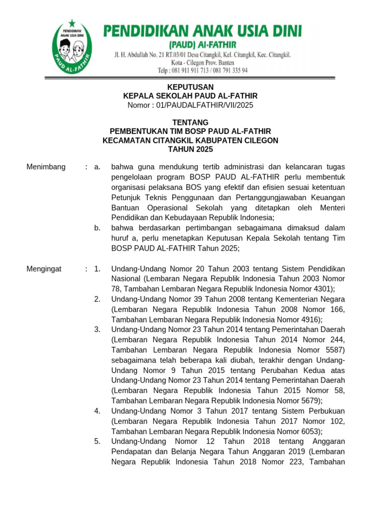 Contoh SK Tim BOS Reguler 2025 | PDF