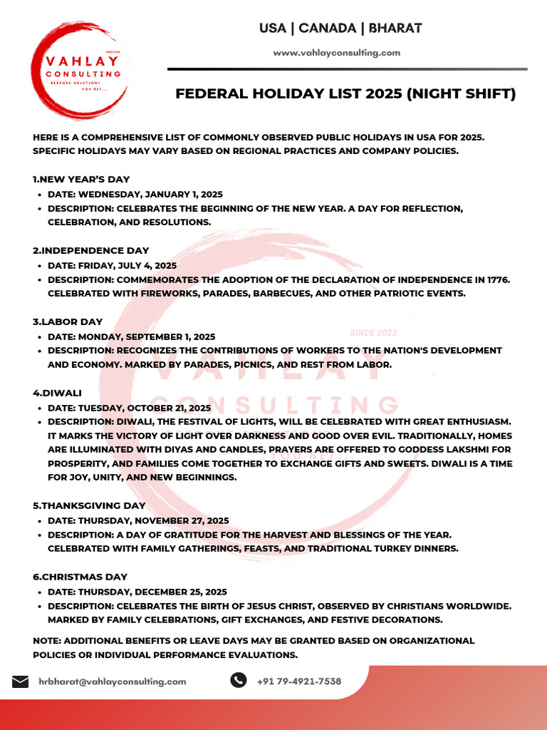 Federal Holiday List 2025 - Night - Shift | PDF