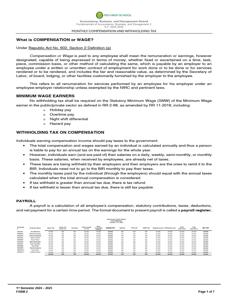 Monthly Compensation & Withholding Tax Guide | PDF | Payroll Tax ...