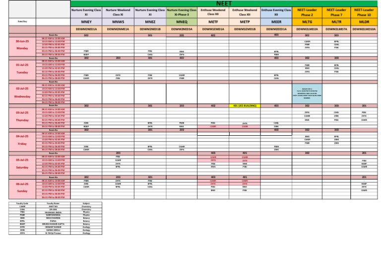 NEET Time Table - 30th June To 06th July 2025 | PDF