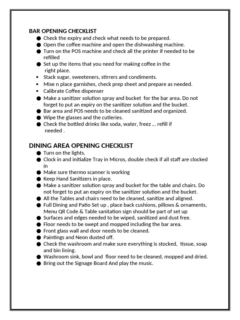 Bar and Dining Area Opening Checklist | PDF