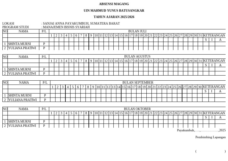 Contoh Absen Magang | PDF