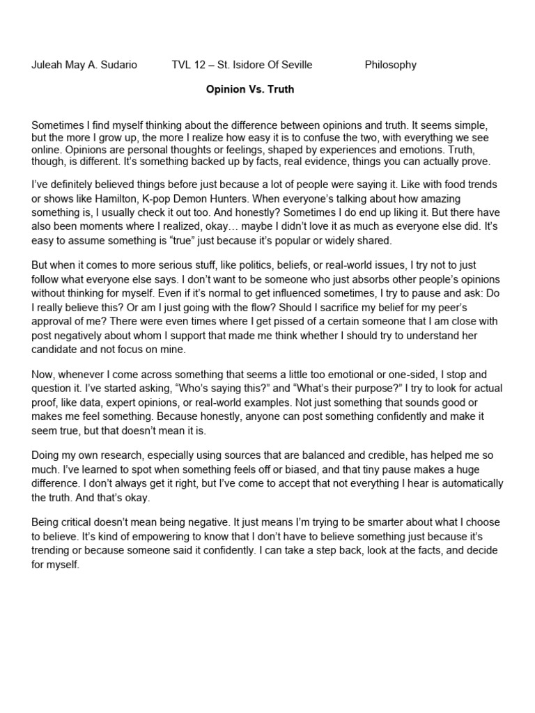 Philo Essay Opinion Vs Truth | PDF | Truth