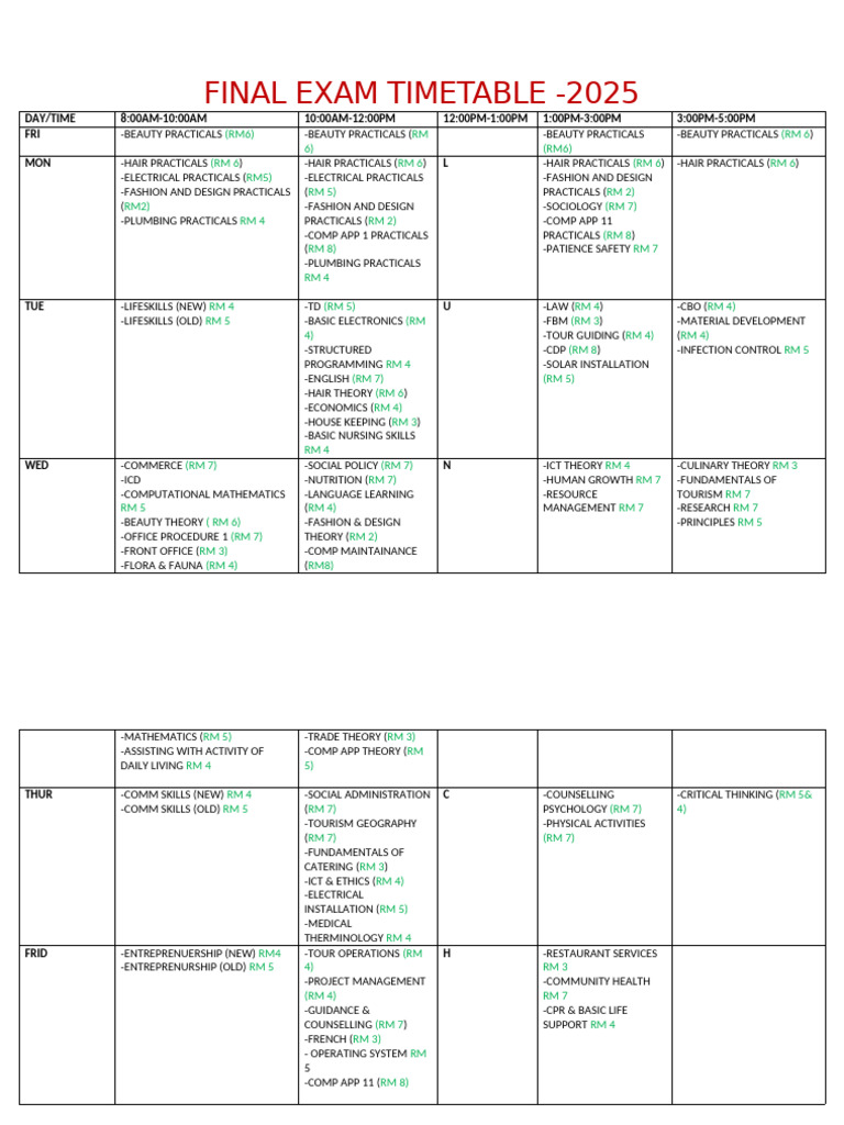 2025 Final Exam Timetable Overview | PDF | Psychology