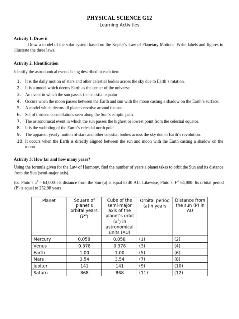 Solar System Activities for G12 Science | PDF | Sun | Earth