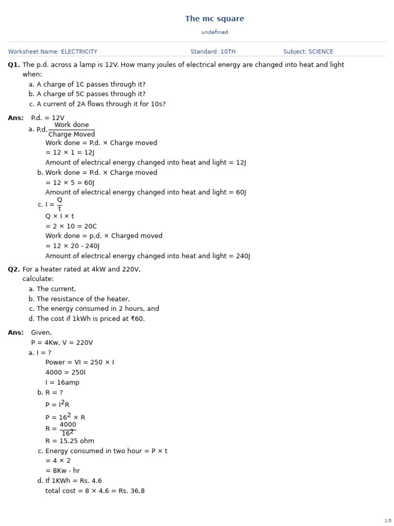 Electricity Worksheet for 10th Grade Science | PDF | Series And ...
