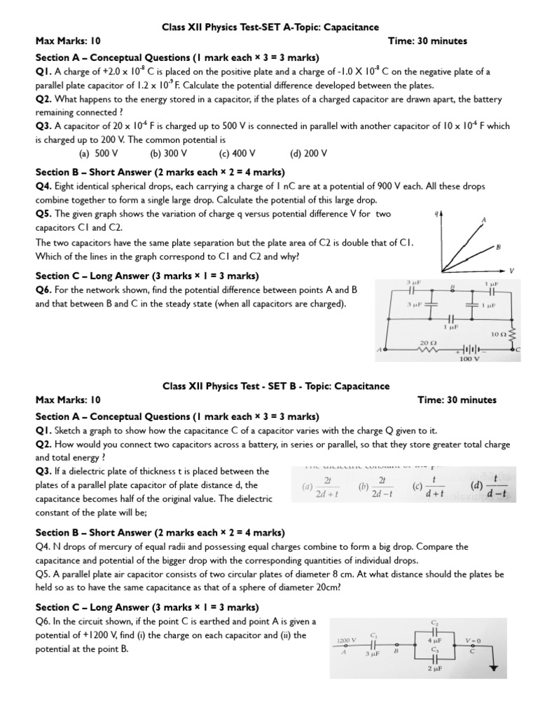 Class XII Physics Test on Capacitance | PDF | Capacitor | Capacitance