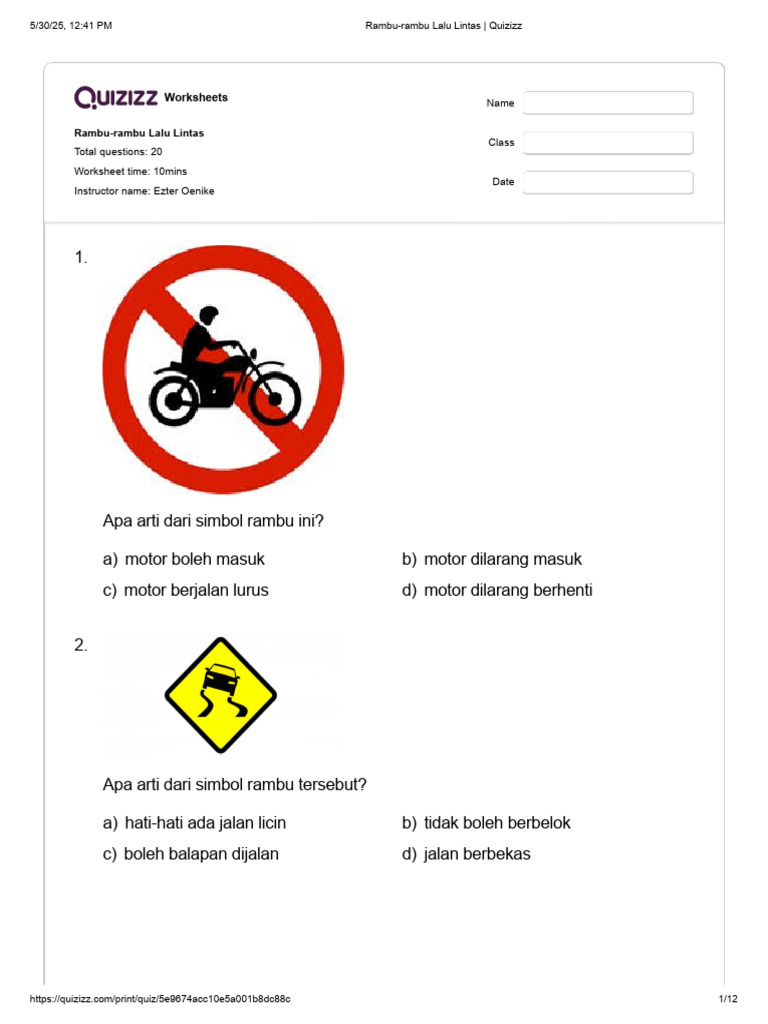 Rambu-Rambu Lalu Lintas - Quizizz | PDF