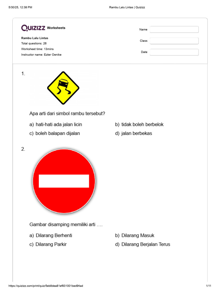 Rambu Lalu Lintas - Quizizz | PDF