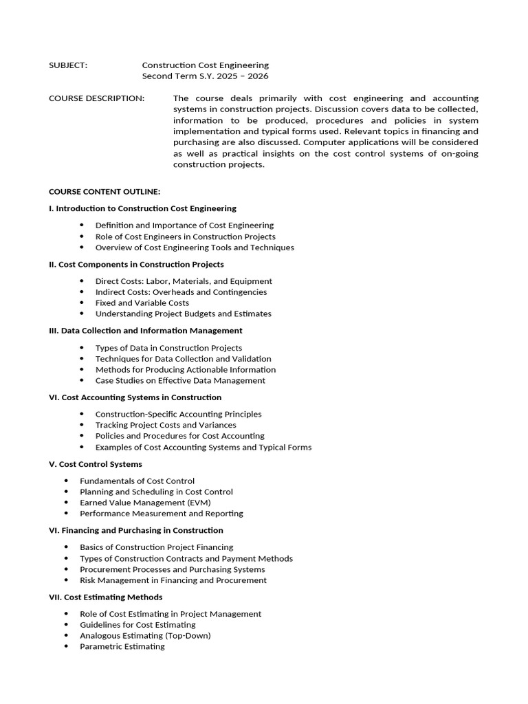 Course Outline Construction Cost - 040703 | PDF | Cost Accounting | Business