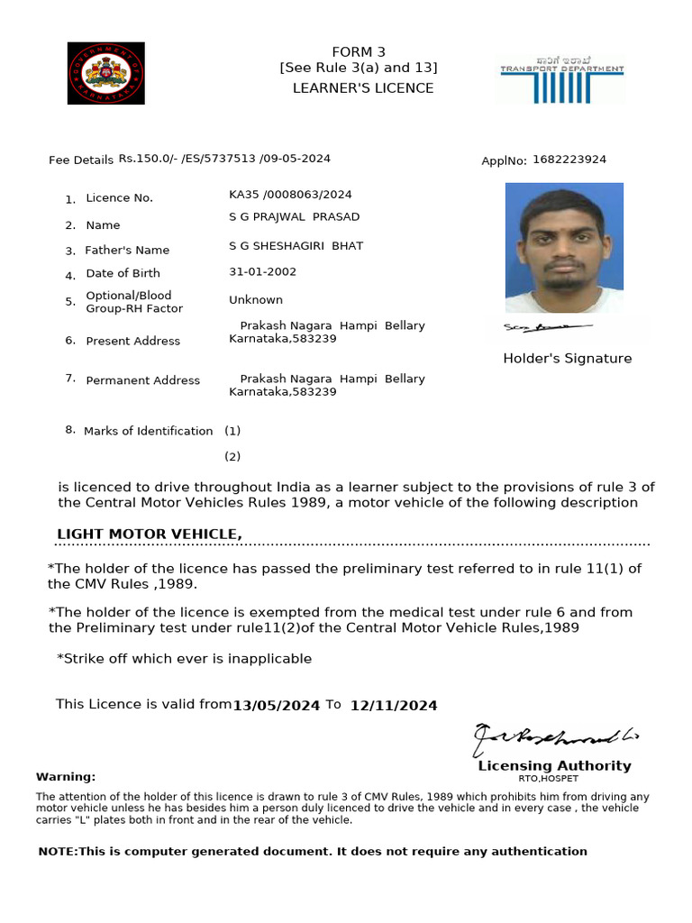 Light Motor Vehicle,: Warning | PDF | Transport | Driving