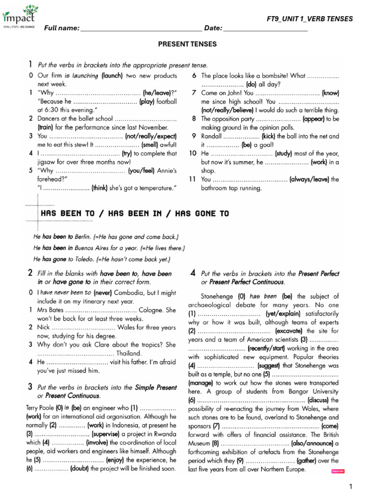 FT9 U1 Verb Tenses | PDF
