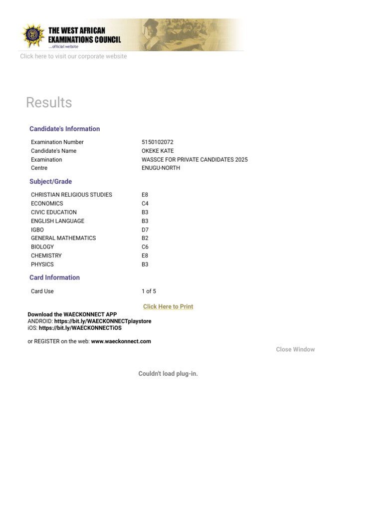 Waecdirect Online - Results Mma Okeke | PDF