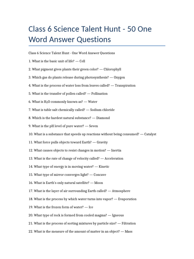 Class 6 Science 50 One Word Questions | PDF | Water | Earth