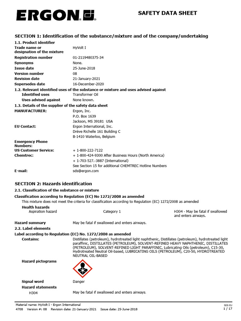 SDS Minyak Pelumas Dielektrik - Ergon Hy Volt I | PDF | Personal ...