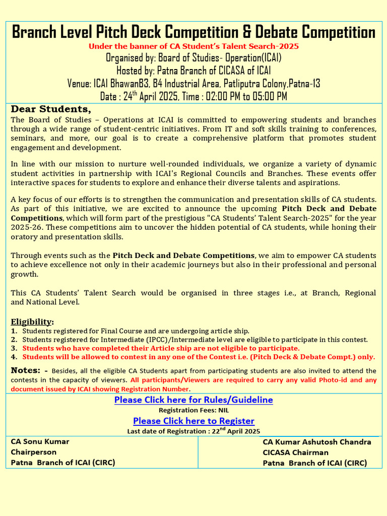 CA Debate & Pitch Deck Competition Notice | PDF