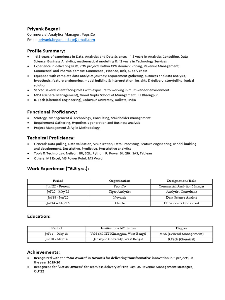 Priyank Begani - Resume - Analytics | PDF | Analytics | Forecasting