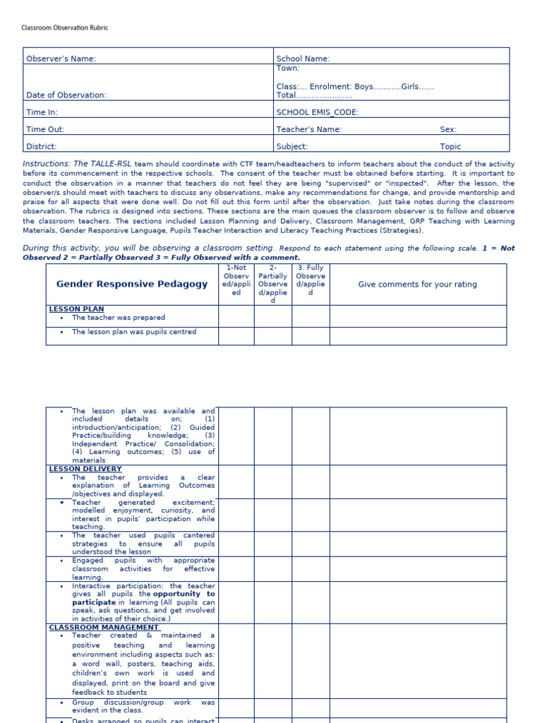 Classroom Observation Rubric Guide | PDF | Teachers | Communication