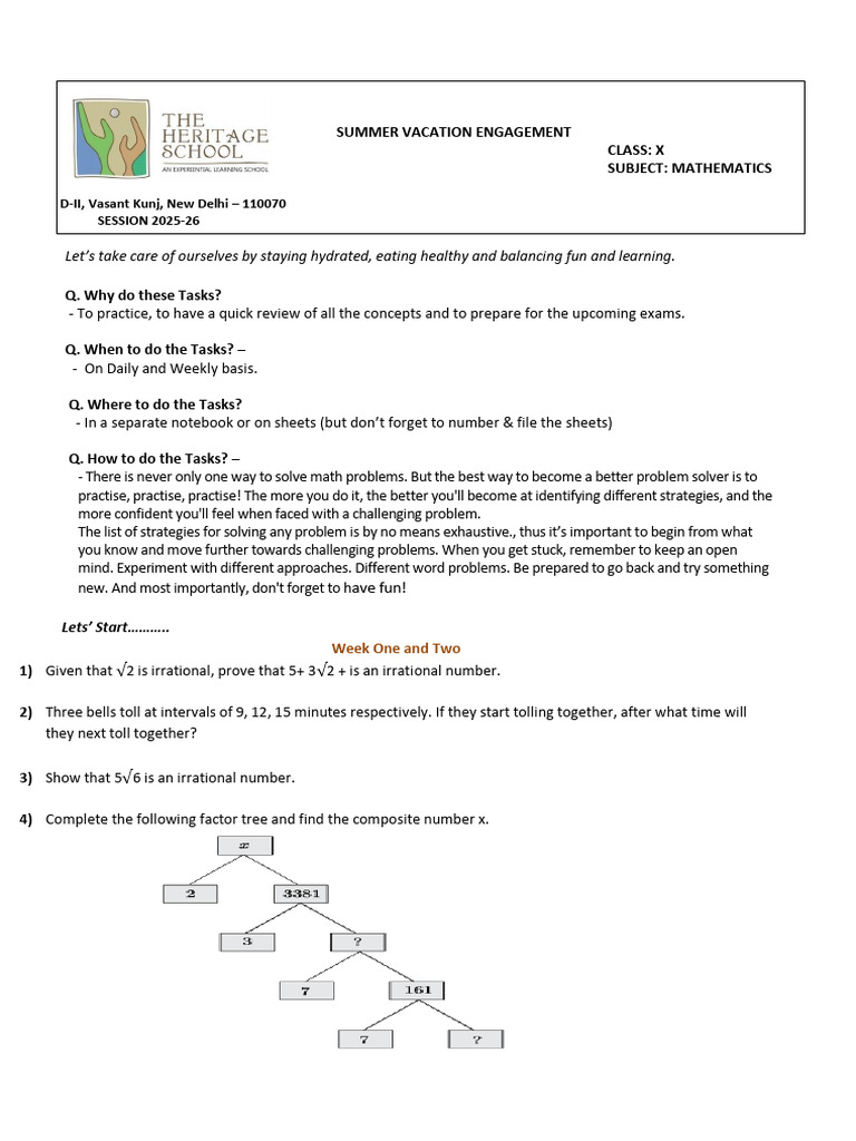 2025-26 Maths X Summer Vacation Engagement | PDF | Mathematics