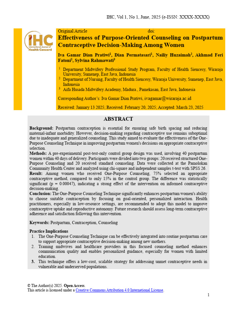 Artikel Effectiveness of Purpose-Oriented Counseling On Postpartum ...