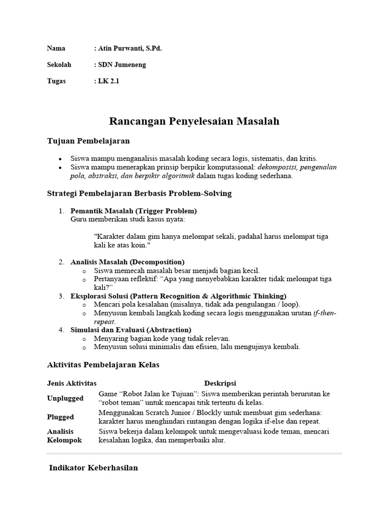 Rancangan Penyelesaian Masalah LK 2.1 | PDF