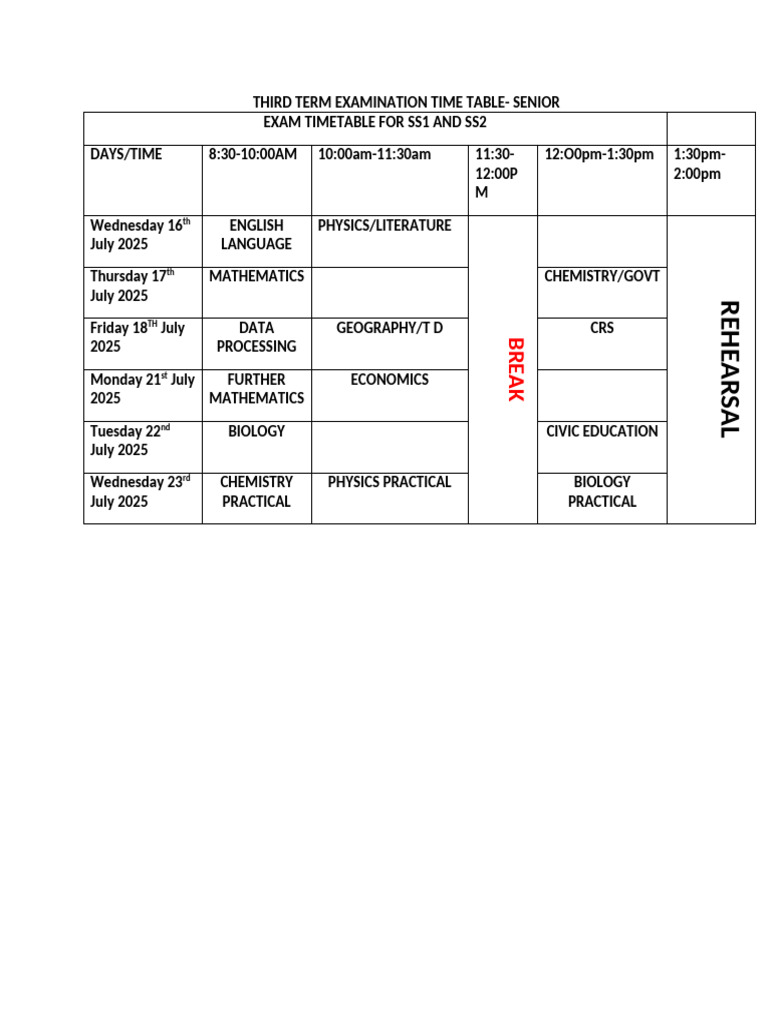 Third Term Examination Time Table For Senior School | PDF
