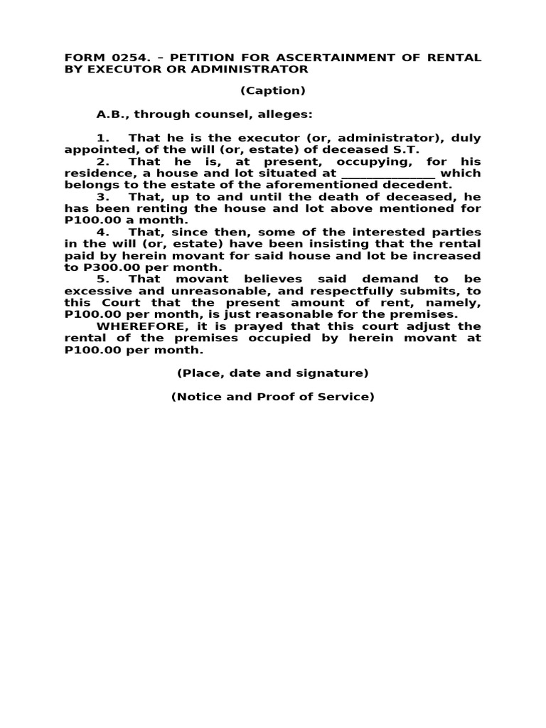 Form 0254 Petition For Ascertainment of Rental by Executor or ...