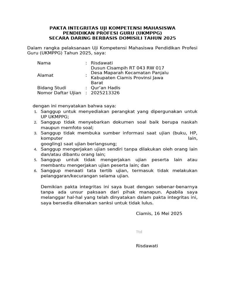Pakta Integritas Uji Kompetensi Mahasiswa - Risdawati | PDF