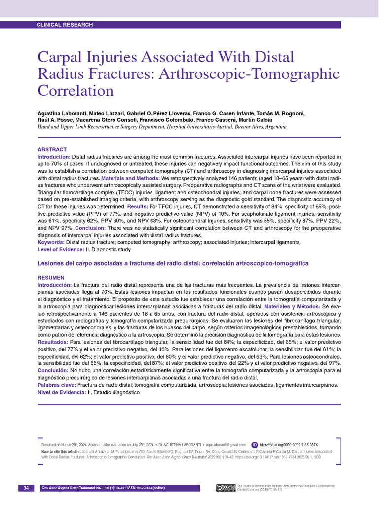 Carpal Injuries Associated With Distal Radius Fractures | PDF | Ct Scan ...