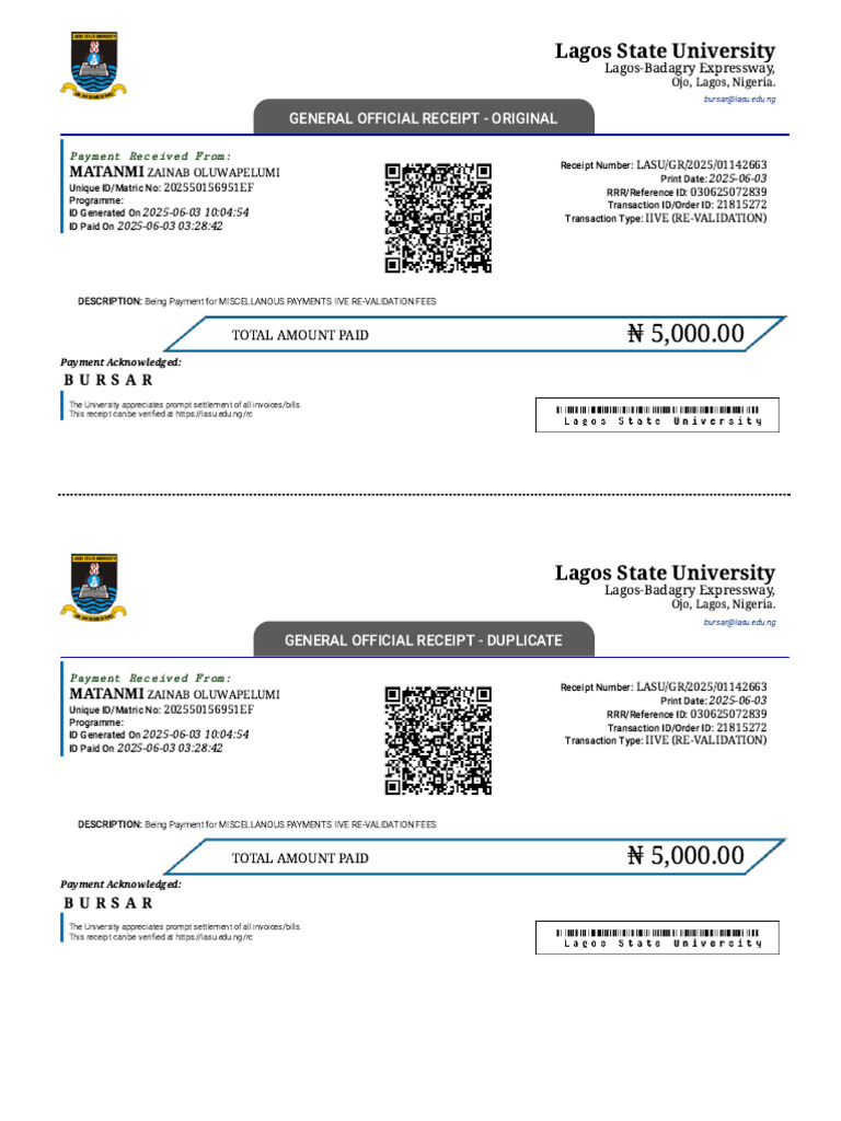 LASU Payment Receipt for Re-Validation | PDF | Receipt | Payments