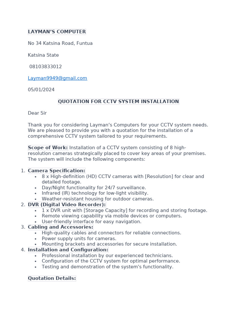 CCTV Camera Quotation For 8 Cameras | PDF | Closed Circuit Television ...