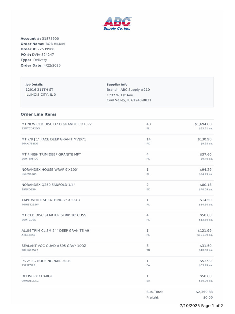 Delivery Order Details for Bob Hilkin | PDF