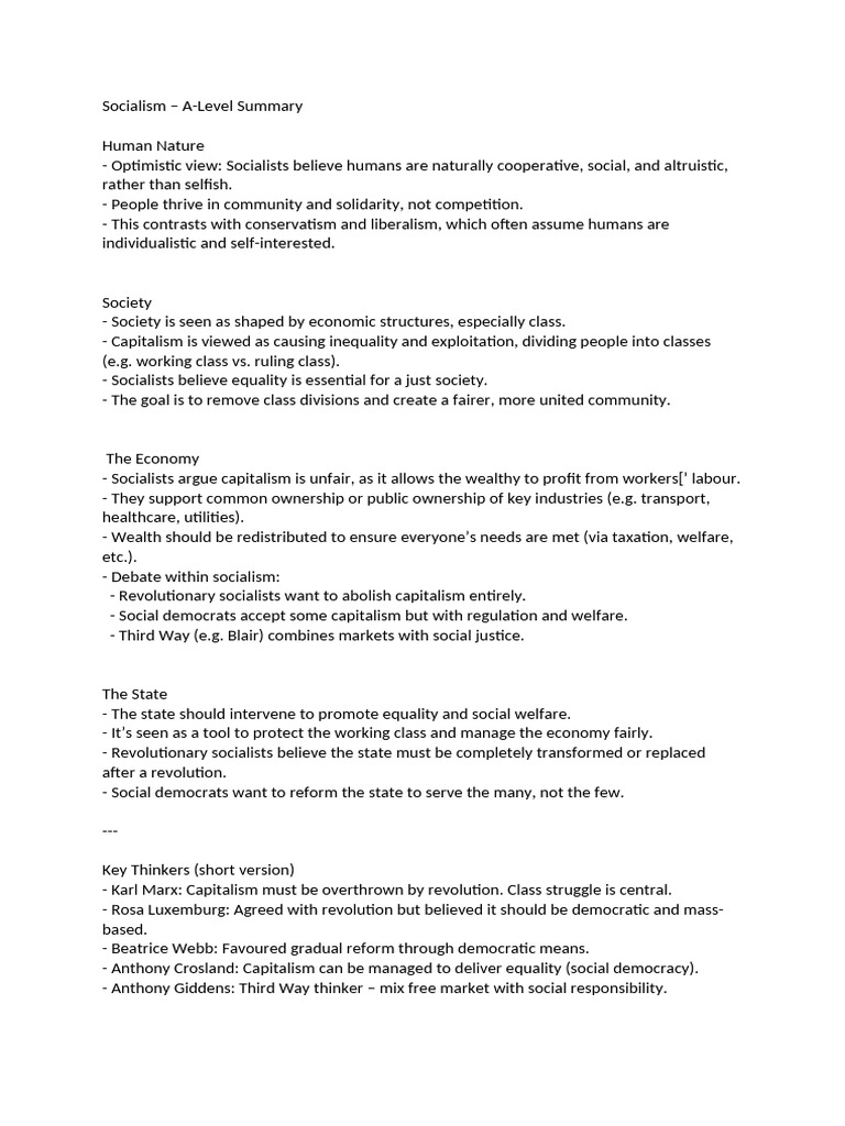 A-Level Summary of Socialism | PDF