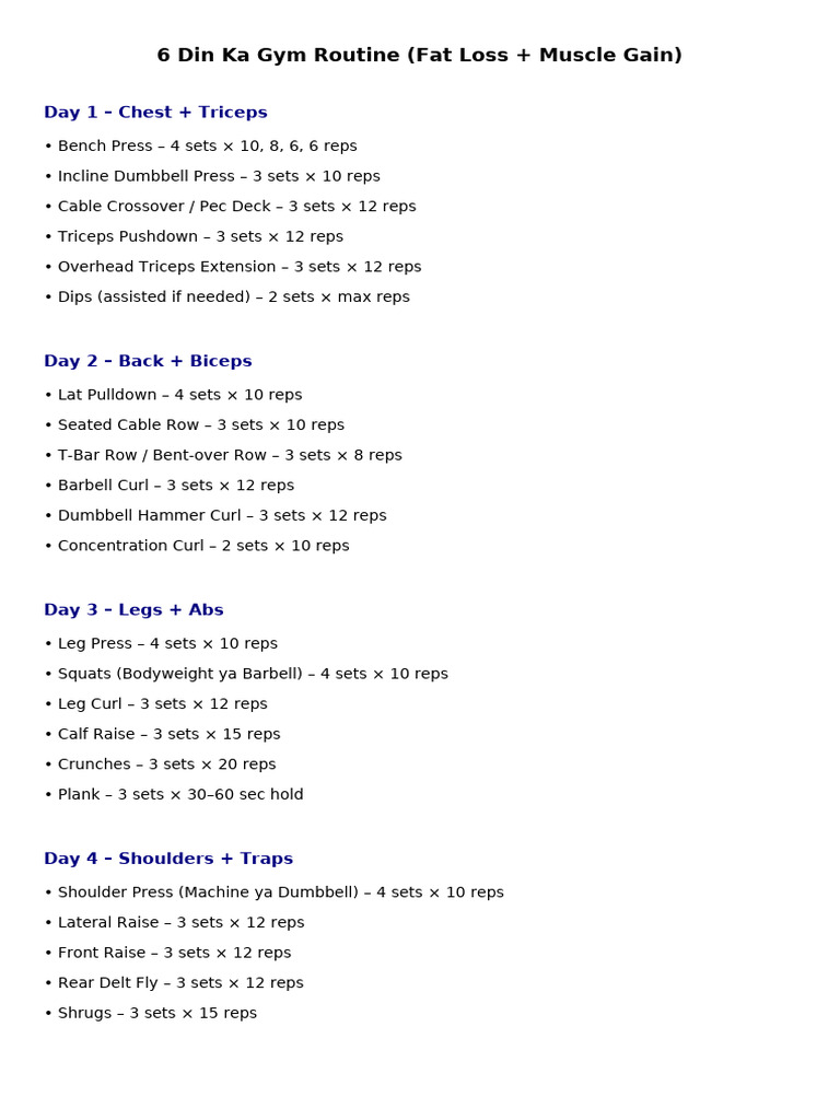 6-Day Gym Routine for Muscle Gain | PDF