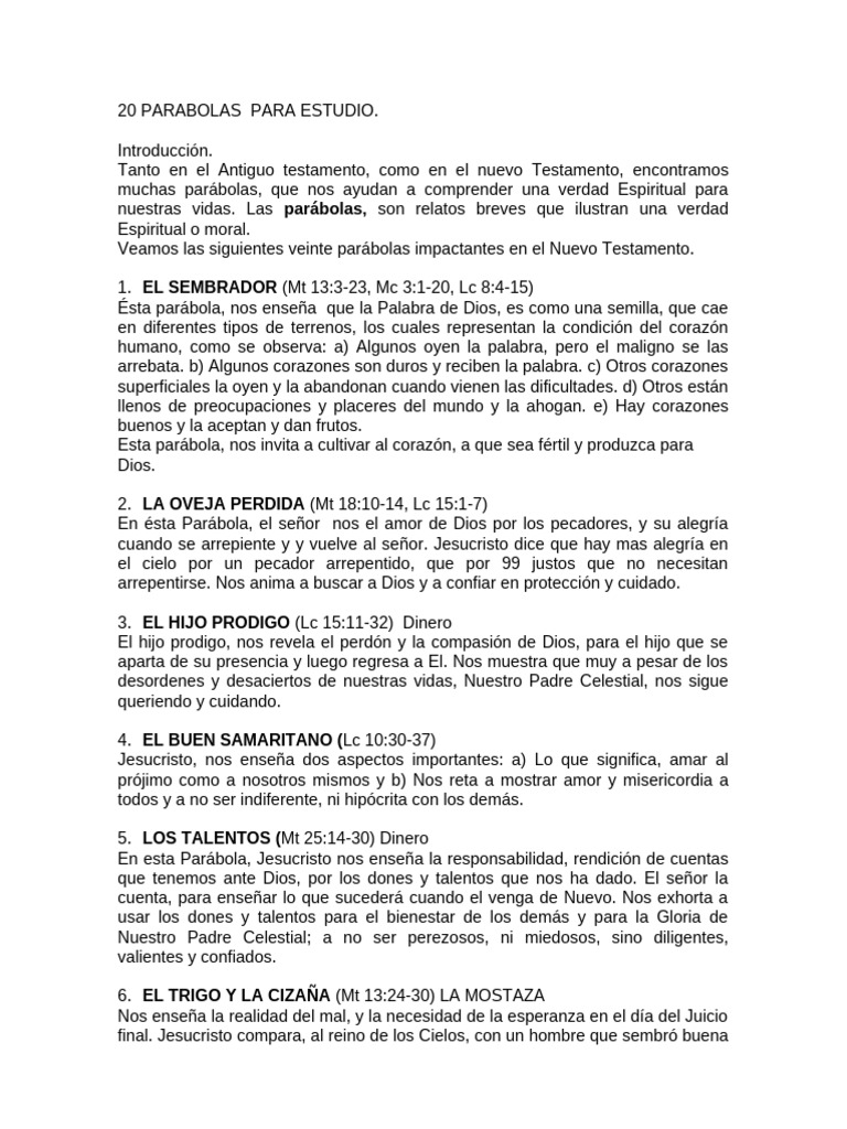 20 Parábolas del Nuevo Testamento | PDF | Jesús | Reinado y reino de dios